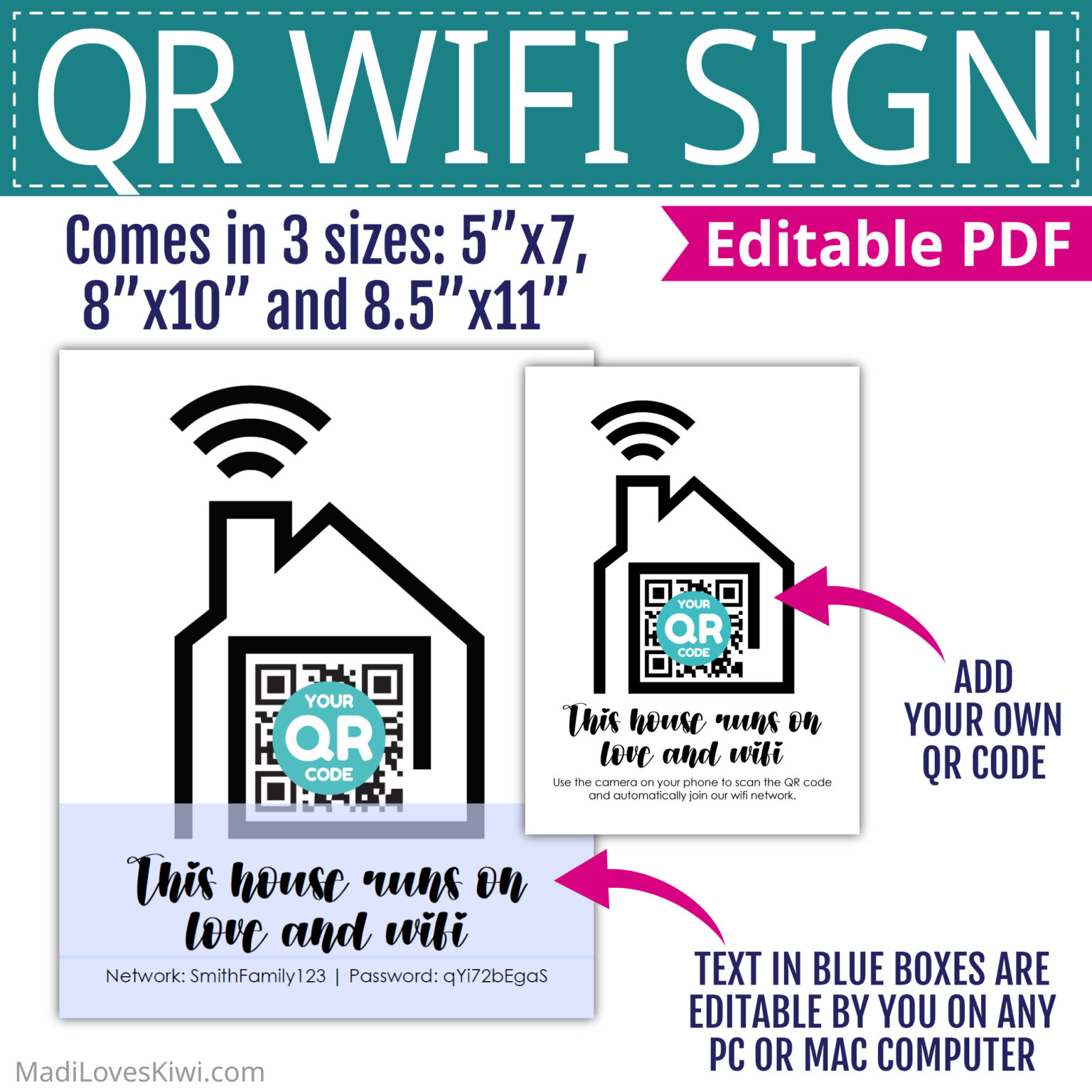 Printable WIFI Password Sign with QR Code | Editable Wi-fi Network ...