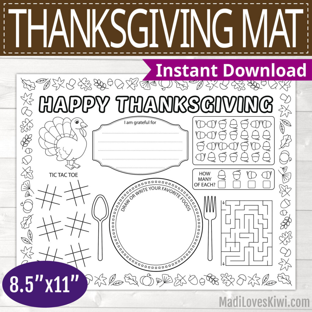 Printable Thanksgiving Placemat for Kids, Dinner Coloring Activity Mat ...