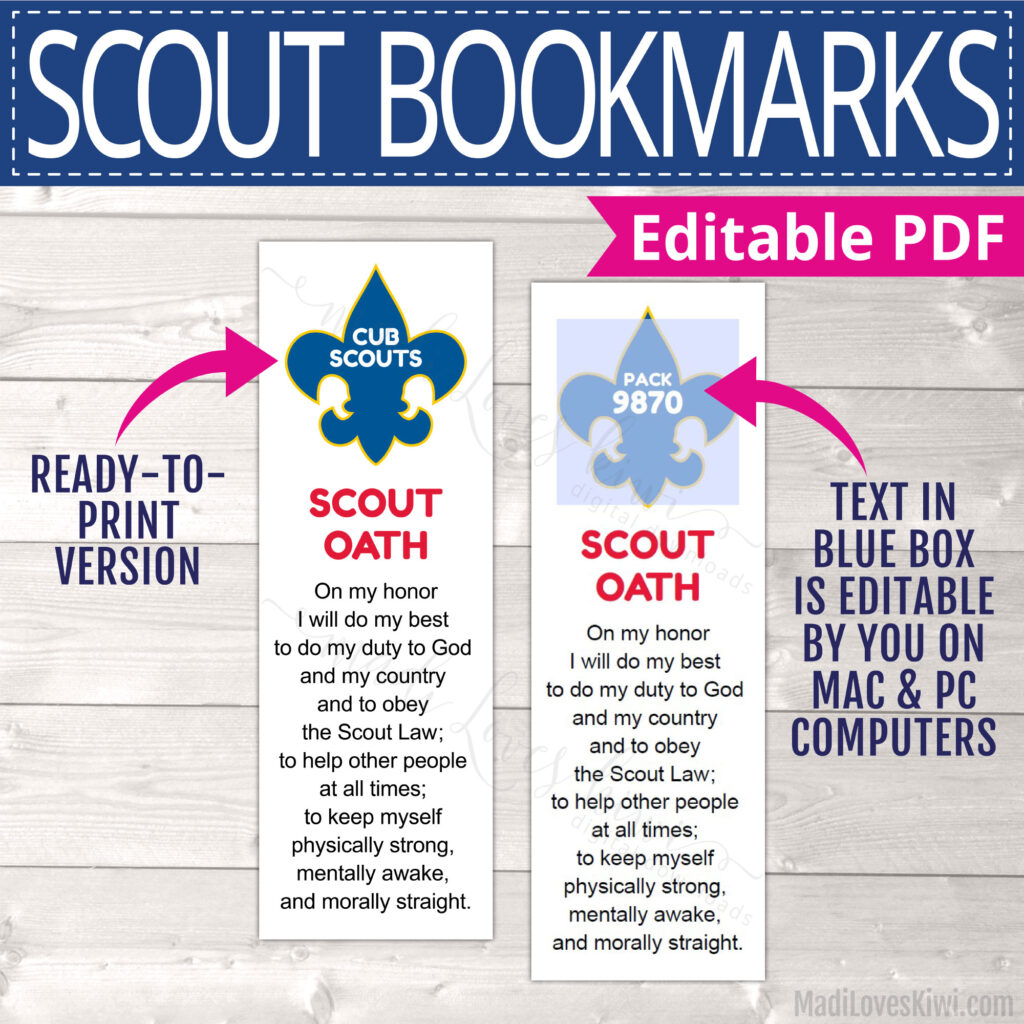 Printable Cub Scout Oath and Law Bookmark, Editable BSA Meeting PDF ...