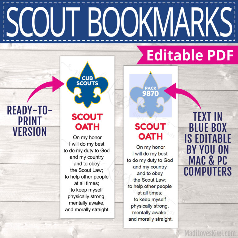 Printable Cub Scout Oath and Law Bookmark, Editable BSA Meeting PDF ...