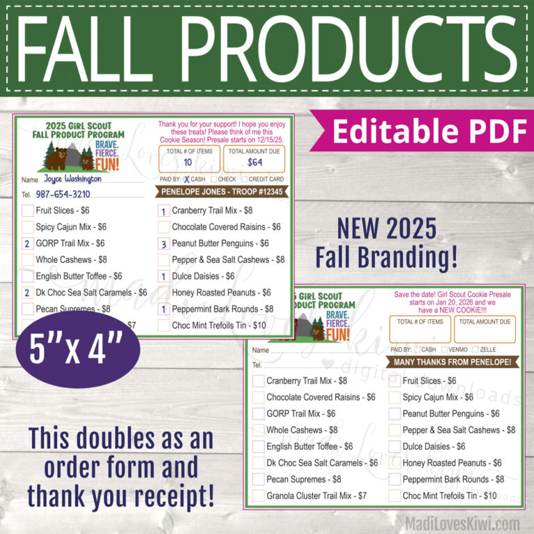 2025 Printable Girl Scout Fall Product Order Form, Editable Thank You ...