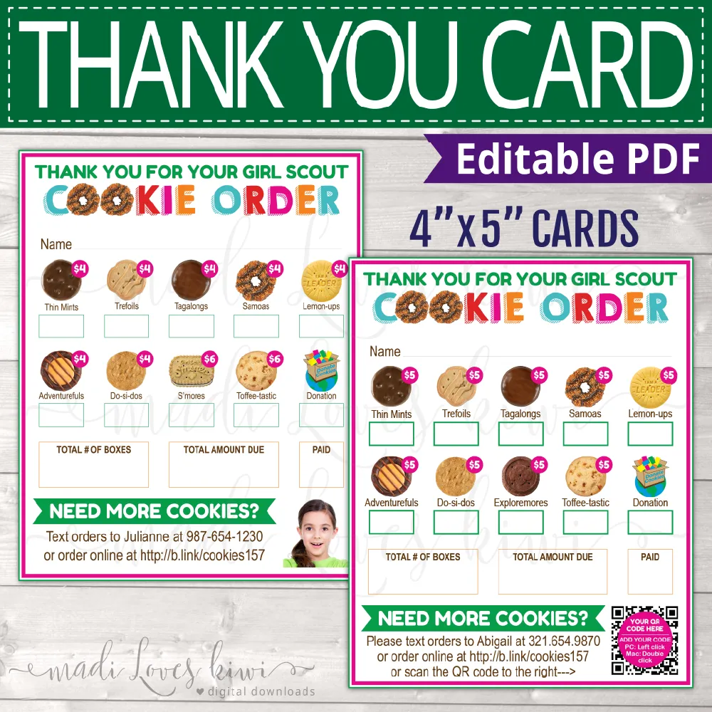 2026 LBB Girl Scout Cookie Thank You Card with QR Code, Printable Order ...