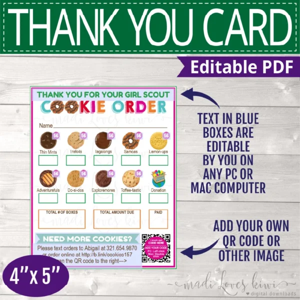 2026 LBB Girl Scout Cookie Thank You Card with QR Code, Printable Order ...